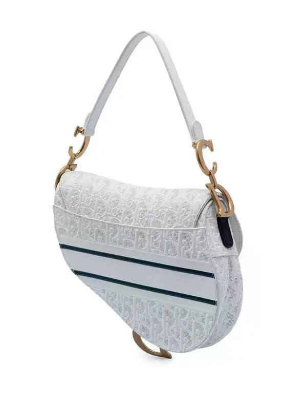 Dior 2021 Perforated Oblique Embossed Calfskin Saddle Bag - Blue