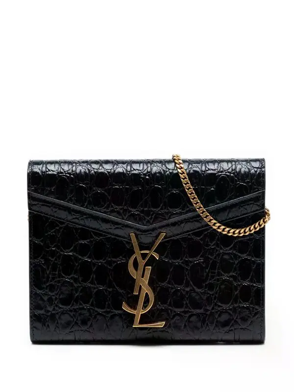 Saint Laurent Shiny Croc Embossed Calfskin Monogram Cassandra Chain Wallet - Black