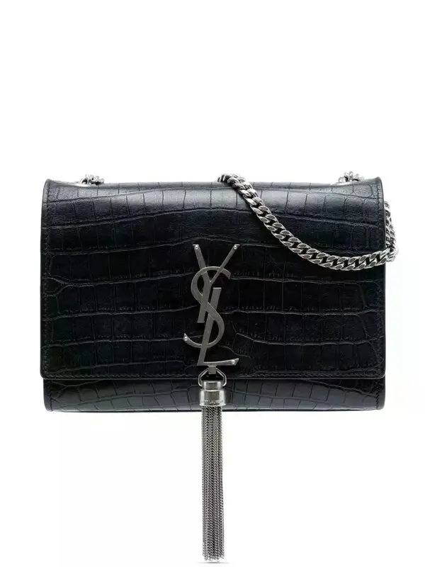 Saint Laurent Croc Embossed Leather Monogram Kate Tassel Wallet On Chain - Black