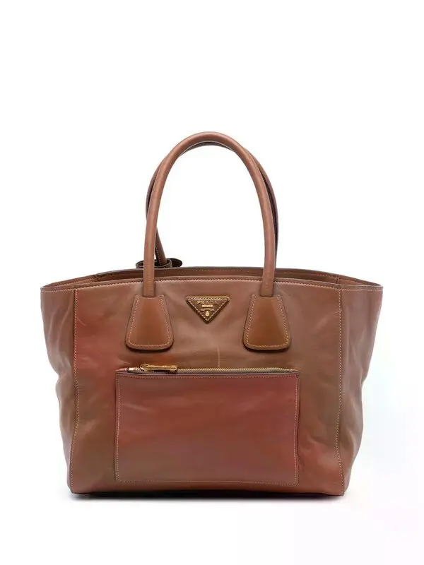 Prada 2010-2026 Soft Calf Front Pocket Open Convertible Tote Satchel - Brown