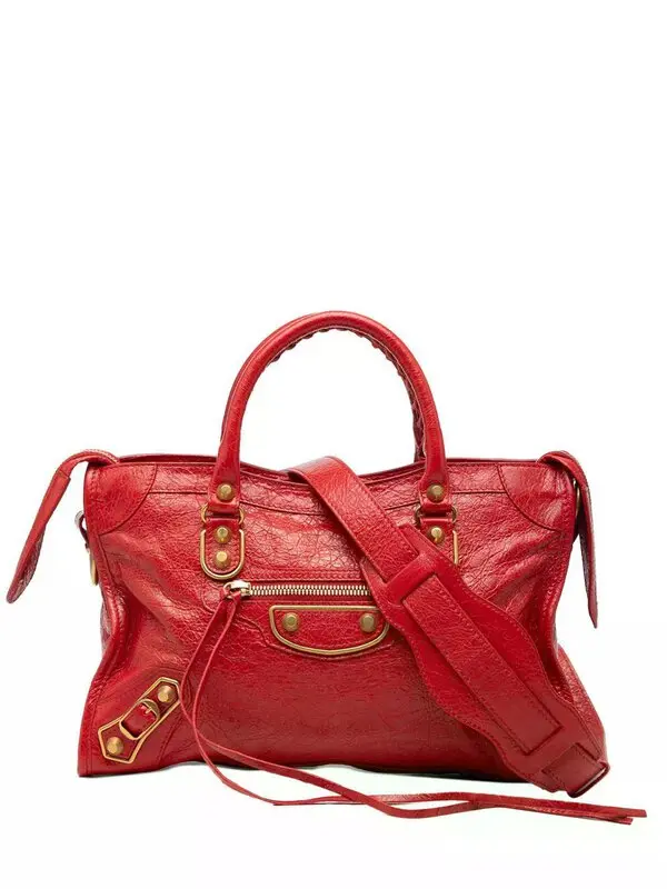 Balenciaga 2017 Small Lambskin Motocross Classic Metallic Edge City Satchel - Red