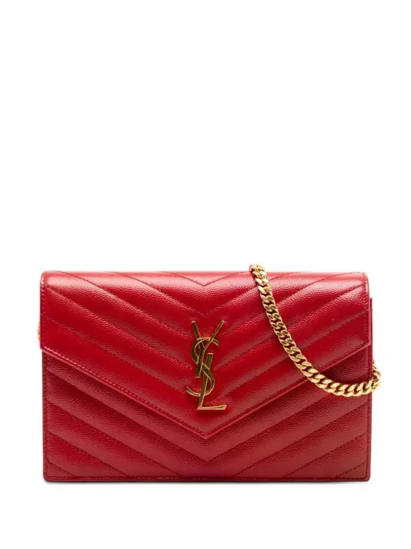 Saint Laurent 2018 Grain De Poudre Chevron Monogram Envelope Wallet On Chain Crossbody Bag - Red