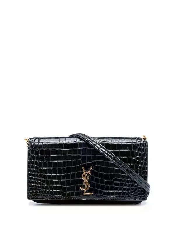 Saint Laurent Croc Embossed Leather Cassandre Phone Holder - Black