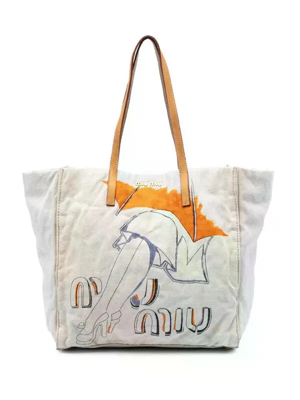 Miu Miu 2000-2010 Printed Canvas Tote Bag - White