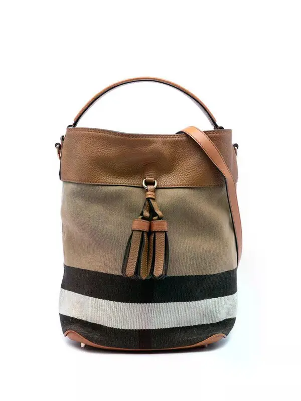 Burberry Mega Check Ashby Tassel Bucket Satchel - Brown