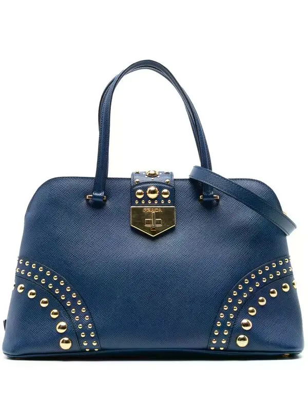 Prada Studded Saffiano Cuir Promenade Satchel - Blue