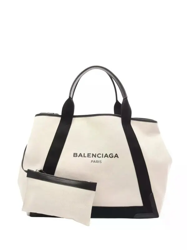 Balenciaga Canvas Navy Cabas M Tote Bag - White