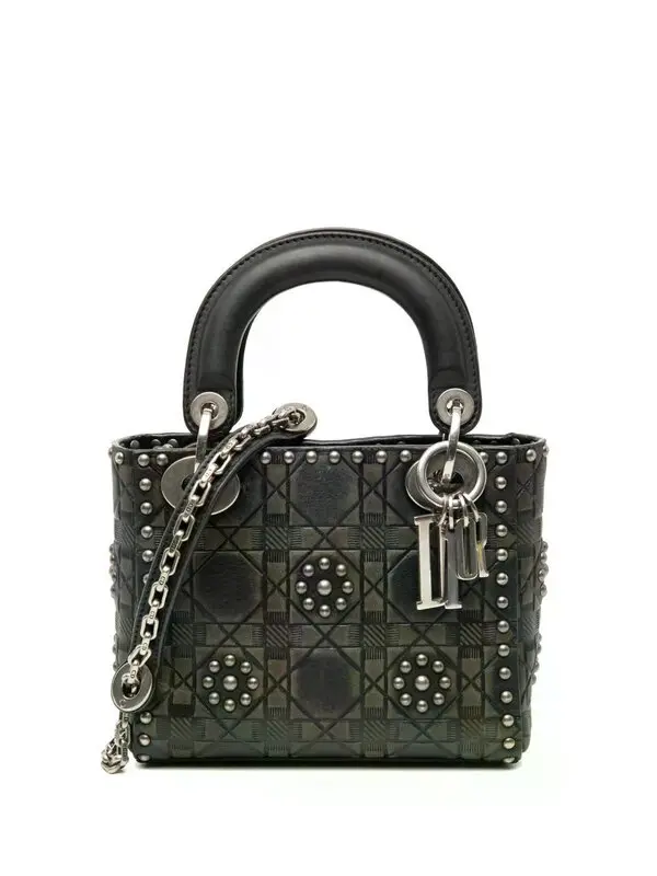 Dior 2017 Mini Calfskin Cannage Studded Flower Lady Satchel - Black