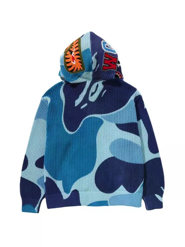 A BATHING APE Camo Crochet Shark Hoodie - Blue