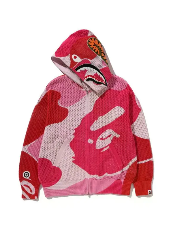 A BATHING APE Camo Crochet Shark Hoodie - Pink
