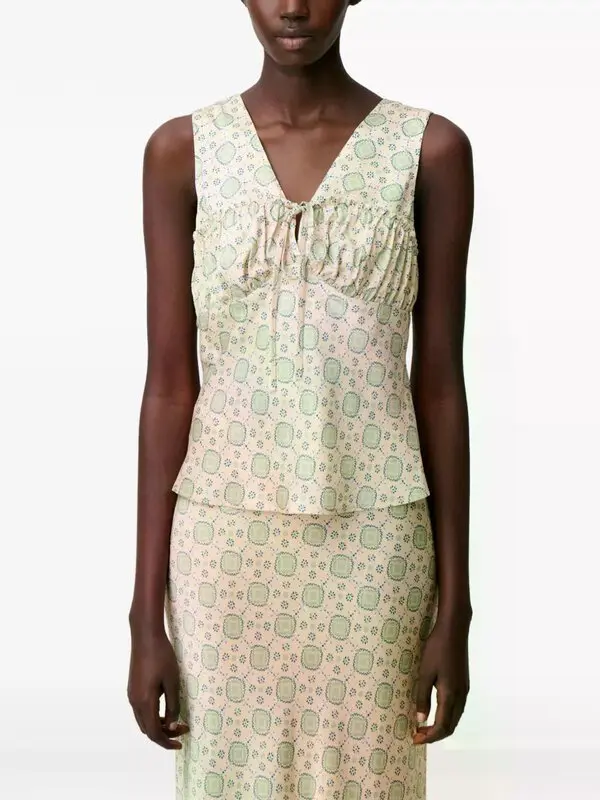 Claudie Pierlot Sleeveless Printed Satin Plunging V-neck Top