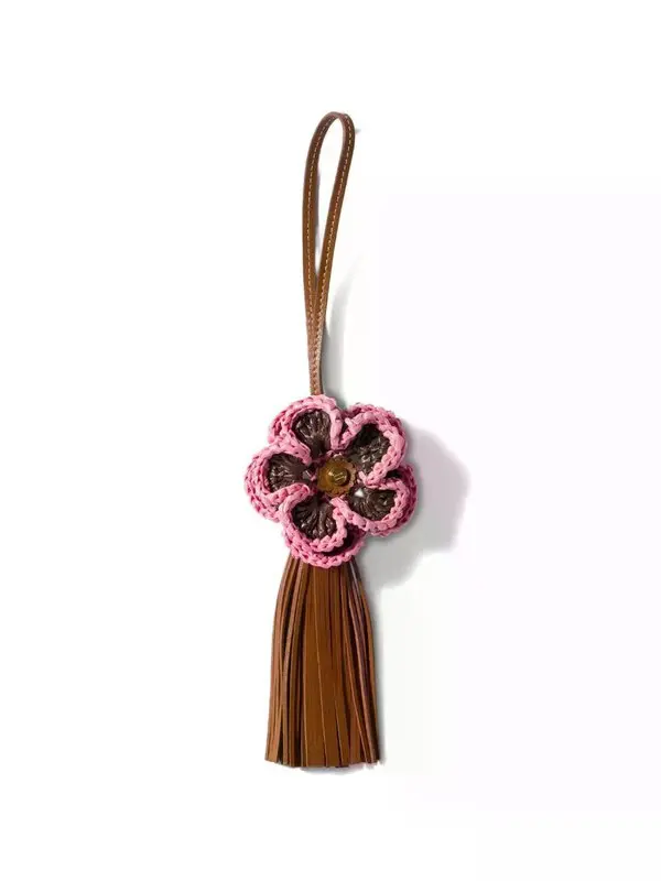 Miu Miu Leather And Raffia-effect Yarn Floral Charm With Logo Detail - Brown