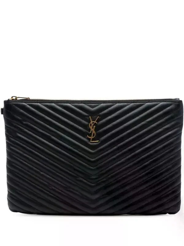 Saint Laurent Quilted Chevron Leather Monogram Document Holder - Black