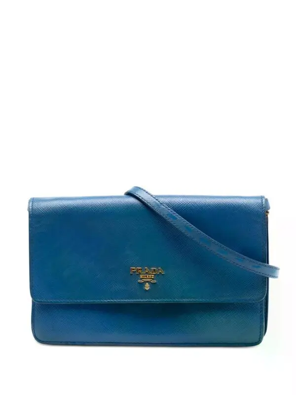 Prada Saffiano Leather Wallet On Strap Crossbody Bag - Blue