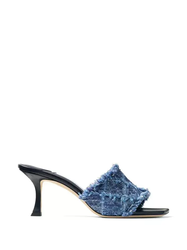 JIMMY CHOO Alexia 70 Denim Fringe Mule Sandals