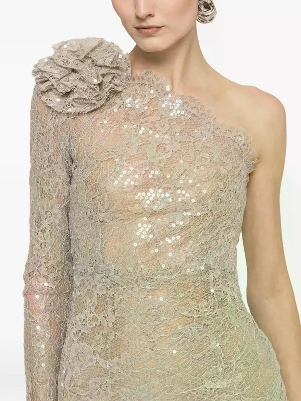 NISSA Sequin Detail Lace One-shoulder Midi Dress