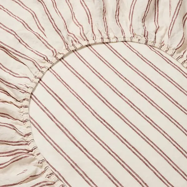 PIGLET IN BED Kemptown Stripe Linen Blend Fitted Sheet, Queen - Rhubarb
