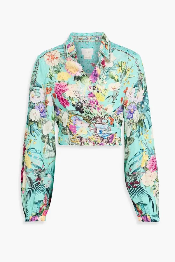 Camilla Cropped Crystal-embellished Floral-print Linen Wrap Top - Turquoise