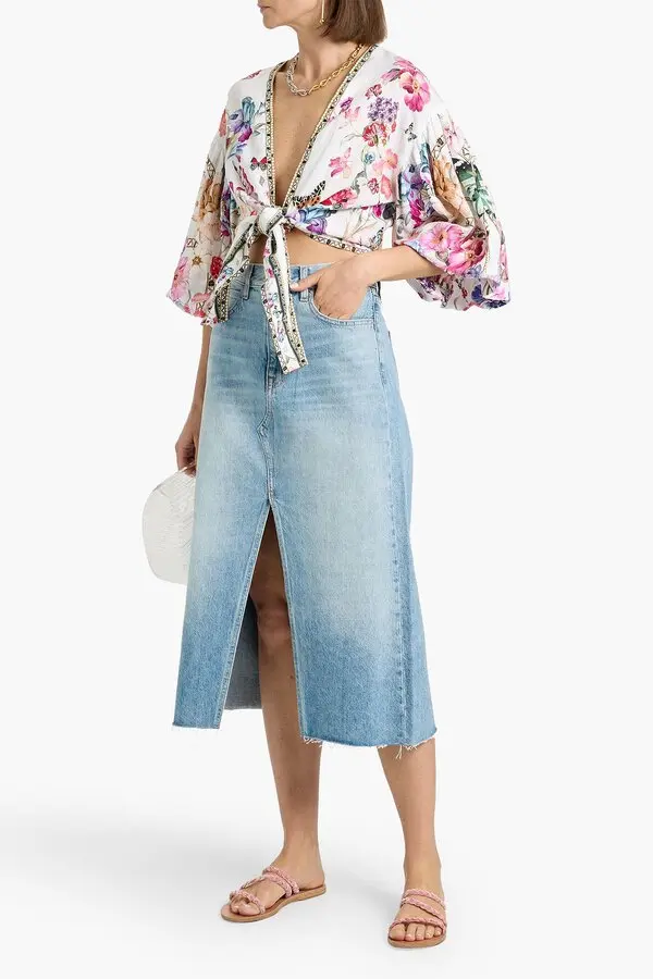 Camilla Cropped Crystal-embellished Printed Linen Top - Multicolor
