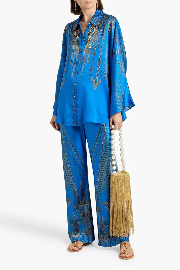 Camilla Crystal-embellished Printed Silk-satin Wide-leg Pants - Bright Blue