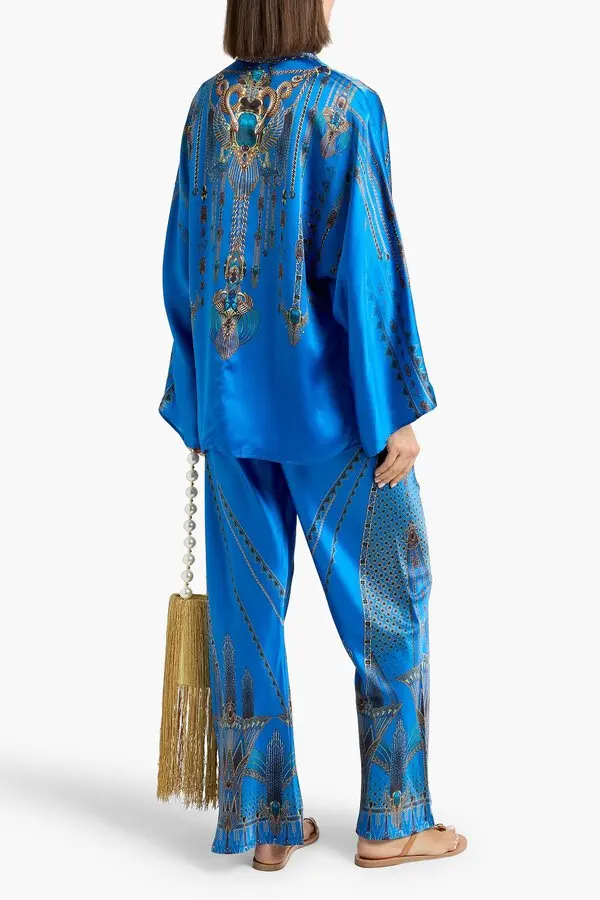 Camilla Crystal-embellished Printed Silk-satin Wide-leg Pants - Bright Blue