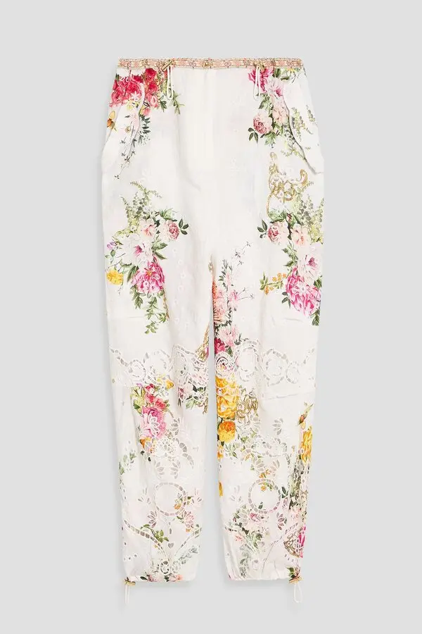 Camilla Floral-print Broderie Anglaise Linen Pants - Off-white