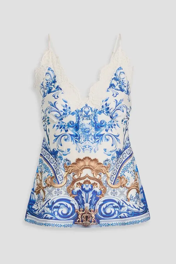 Camilla Lace-trimmed Printed Silk-twill Camisole - Blue