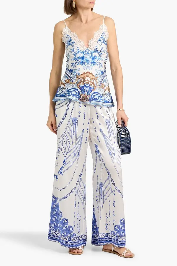 Camilla Lace-trimmed Printed Silk-twill Camisole - Blue