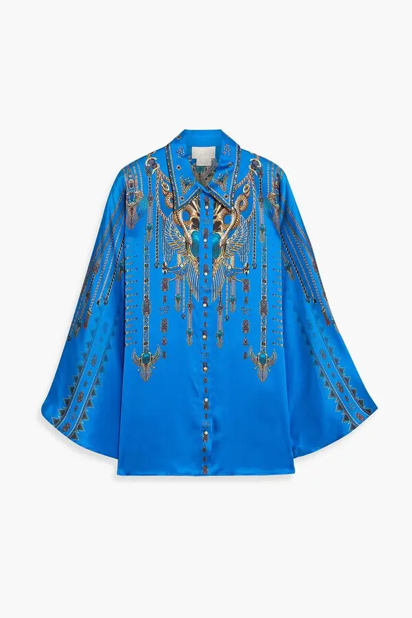 Camilla Crystal-embellished Printed Silk-satin Shirt - Bright Blue