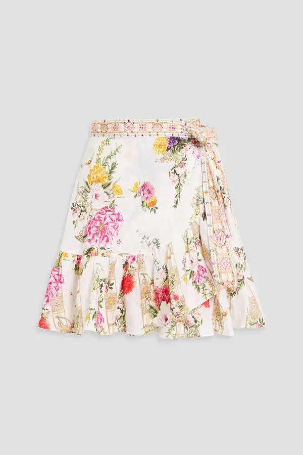 Camilla Crystal-embellished Floral-print Linen Mini Wrap Skirt - Off-white