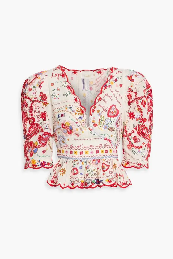 Camilla Broderie Anglaise-trimmed Embellished Printed Linen Blouse - Red