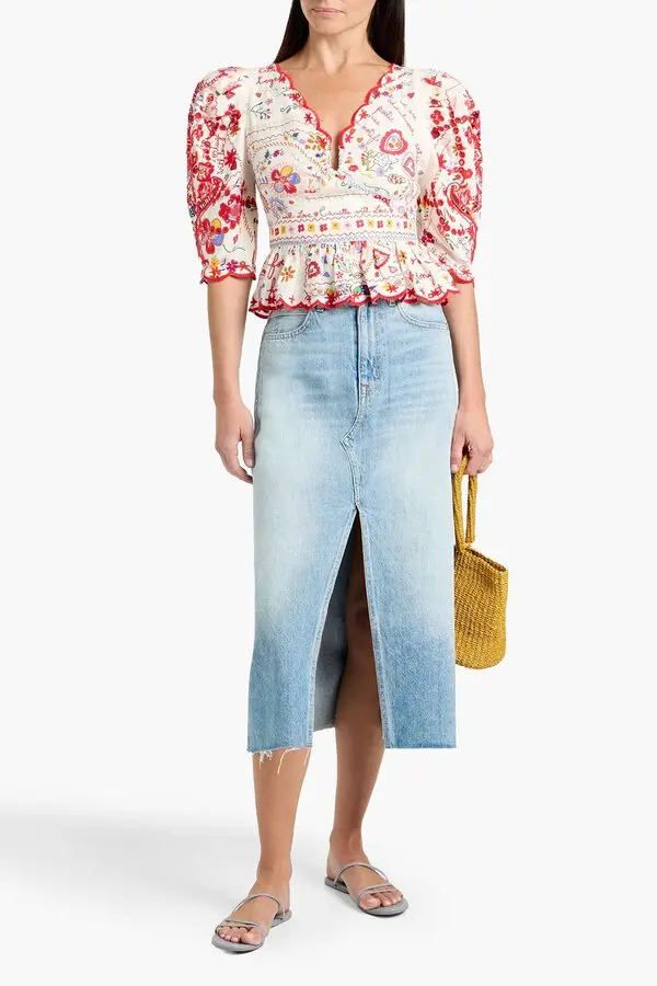 Camilla Broderie Anglaise-trimmed Embellished Printed Linen Blouse