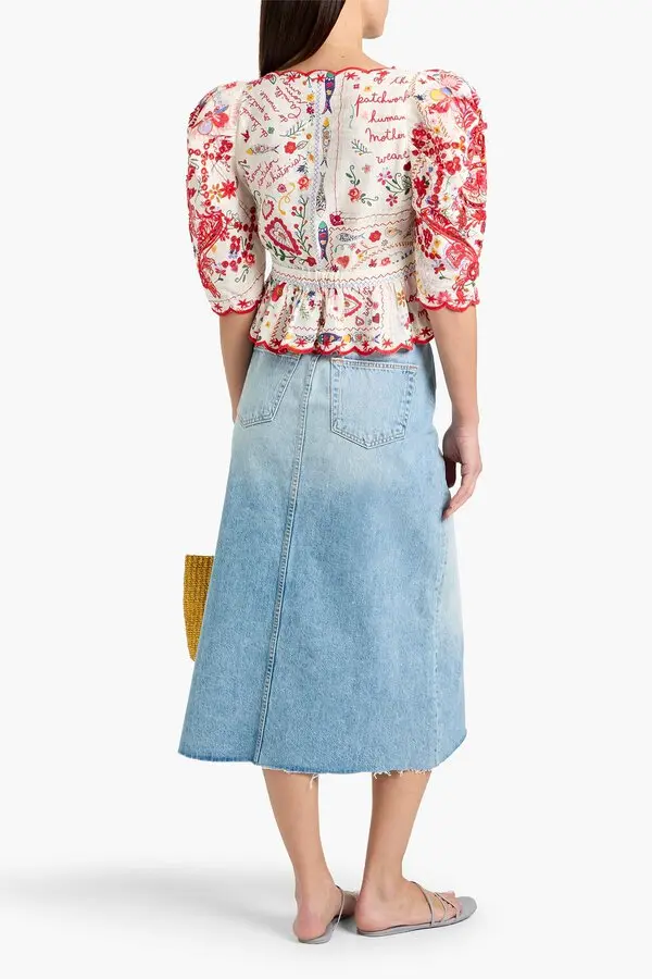 Camilla Broderie Anglaise-trimmed Embellished Printed Linen Blouse