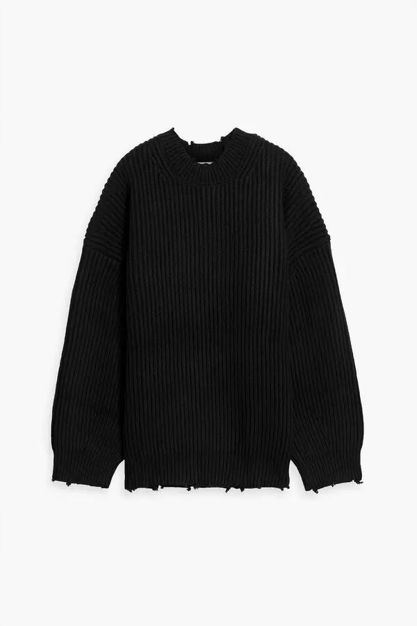 Simkhai Willa Distressed Ribbed Wool Sweater - Black