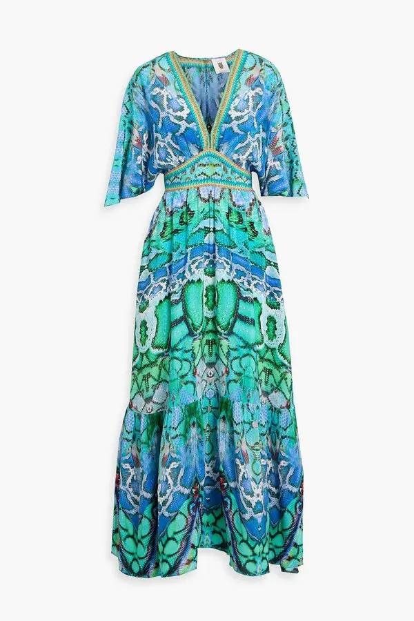 Camilla Crystal-embellished Printed Silk Maxi Dress - Turquoise