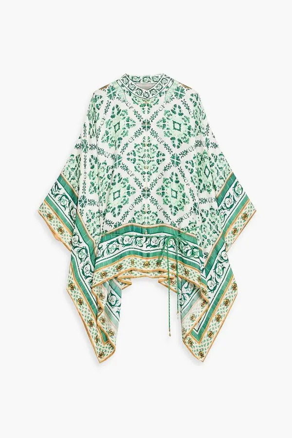 Camilla Crystal-embellished Printed Silk-twill Top - Green