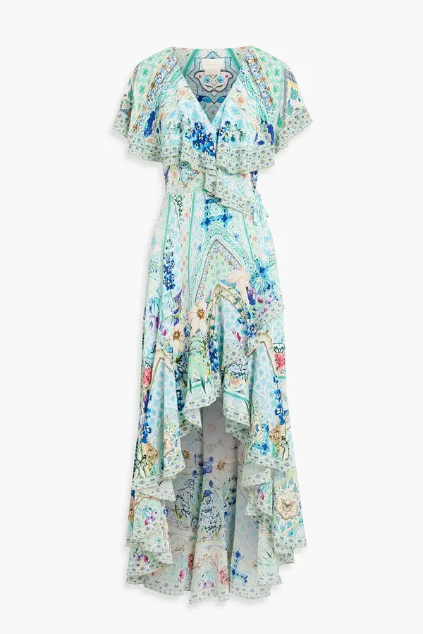 Camilla Printed Silk Crepe De Chine Maxi Wrap Dress - Turquoise