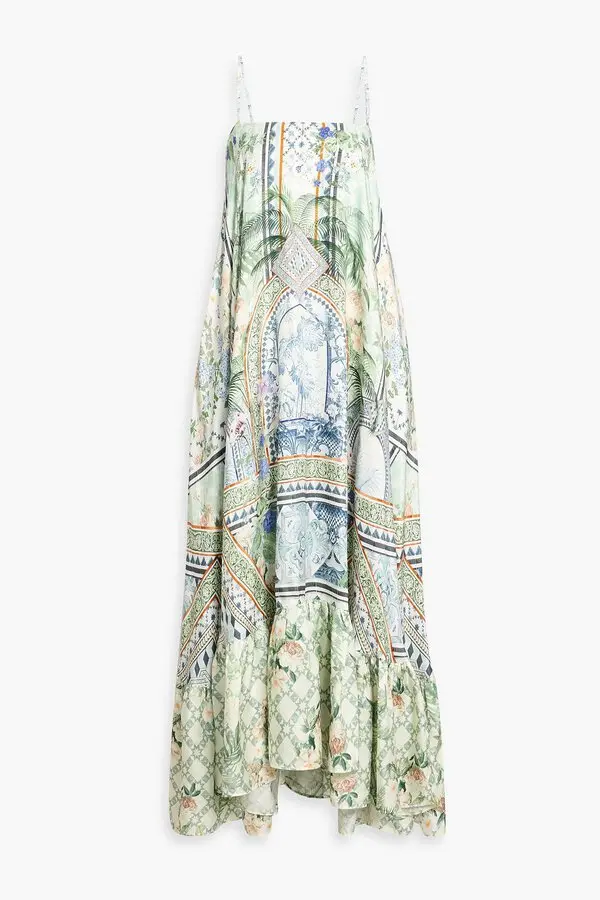 Camilla Crystal-embellished Printed Silk-satin Maxi Dress - Light Green