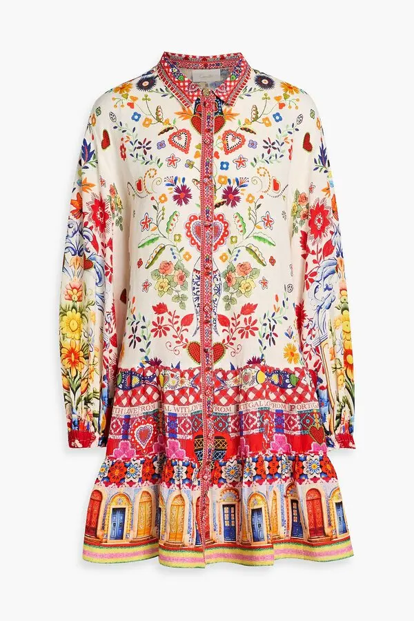 Camilla Crystal-embellished Printed Linen Mini Shirt Dress - Red