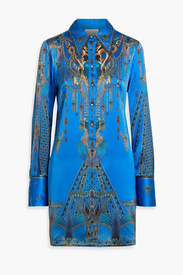 Camilla Crystal-embellished Printed Silk-satin Mini Shirt Dress - Bright Blue