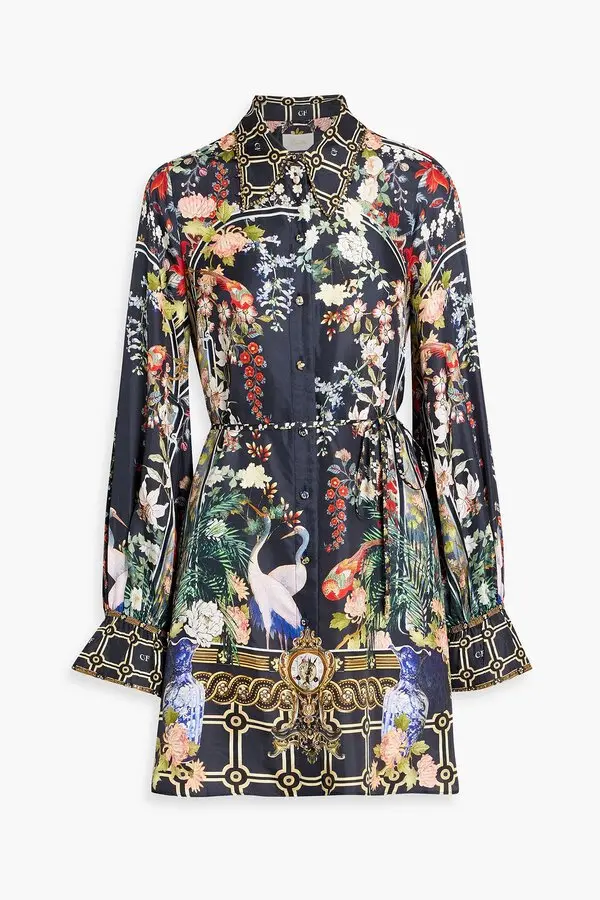 Camilla Crystal-embellished Printed Silk-twill Mini Shirt Dress - Midnight Blue
