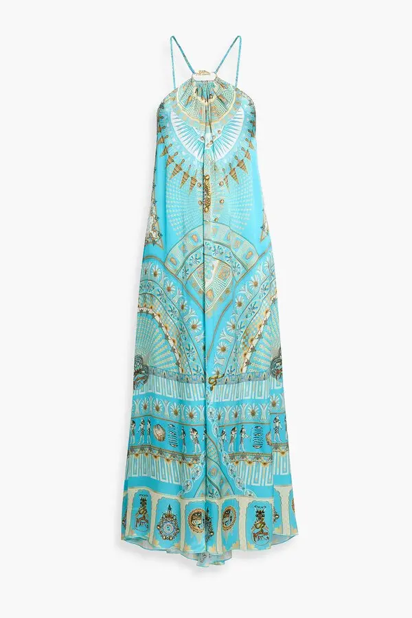 Camilla Embellished Printed Silksatin Maxi Dress - Turquoise