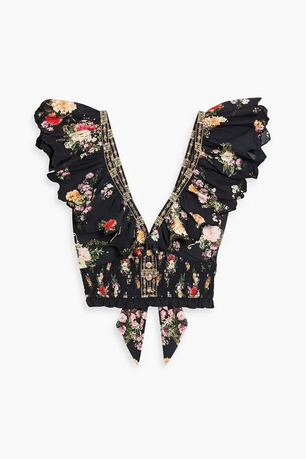 Camilla Cropped Crystal-embellished Floral-print Top - Black