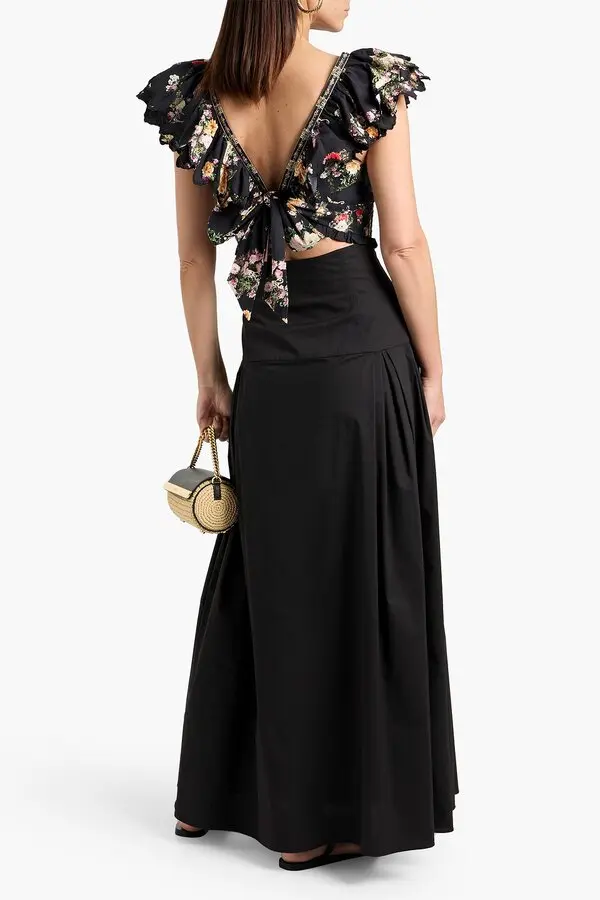 Camilla Cropped Ruffled Floral-print Cotton-poplin Top - Black