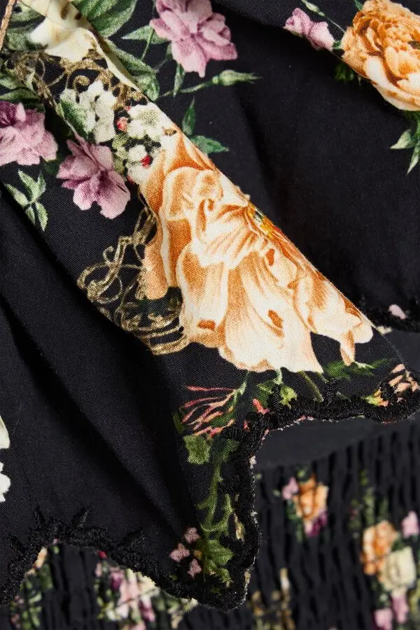 Camilla Cropped Ruffled Floral-print Cotton-poplin Top - Black