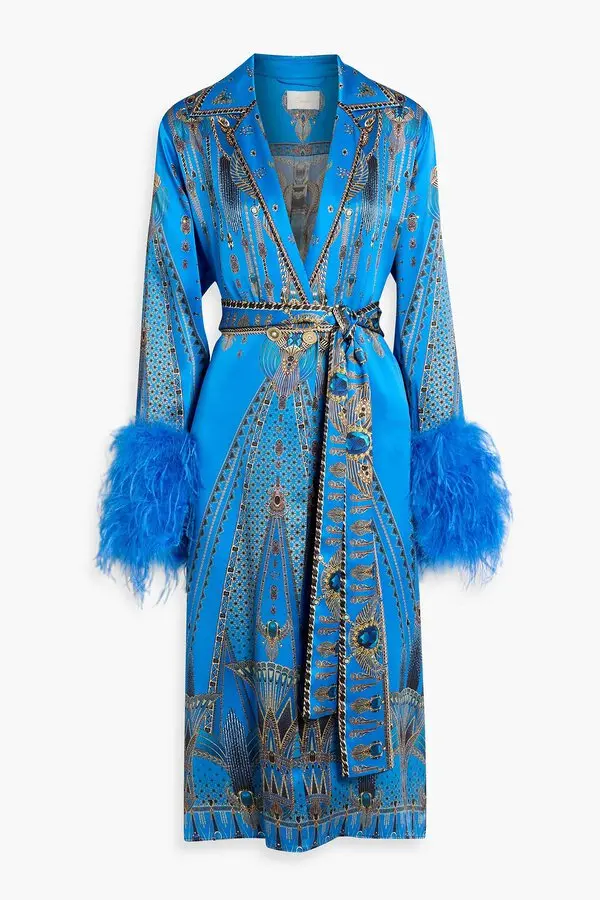 Camilla Crystal-embellished Printed Silk-satin Coat - Bright Blue