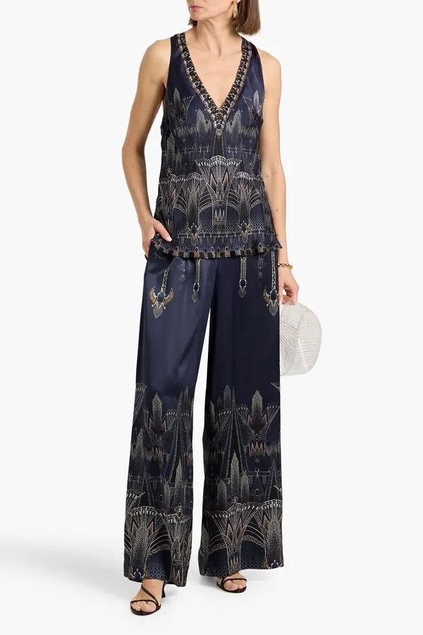 Camilla Crystal-embellished Printed Wide-leg Pants - Navy