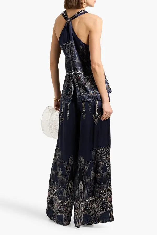 Camilla Crystal-embellished Printed Wide-leg Pants - Navy