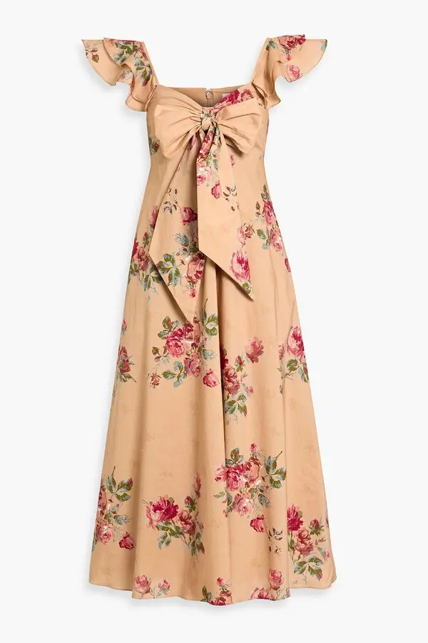 MIKAEL AGHAL Bow-detailed Floral-print Cotton-poplin Midi Dress - Sand