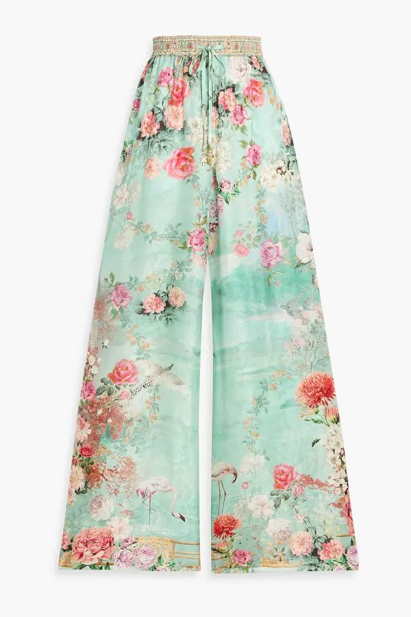 Camilla Crystal-embellished Printed Satin-jacquard Wide-leg Pants - Mint